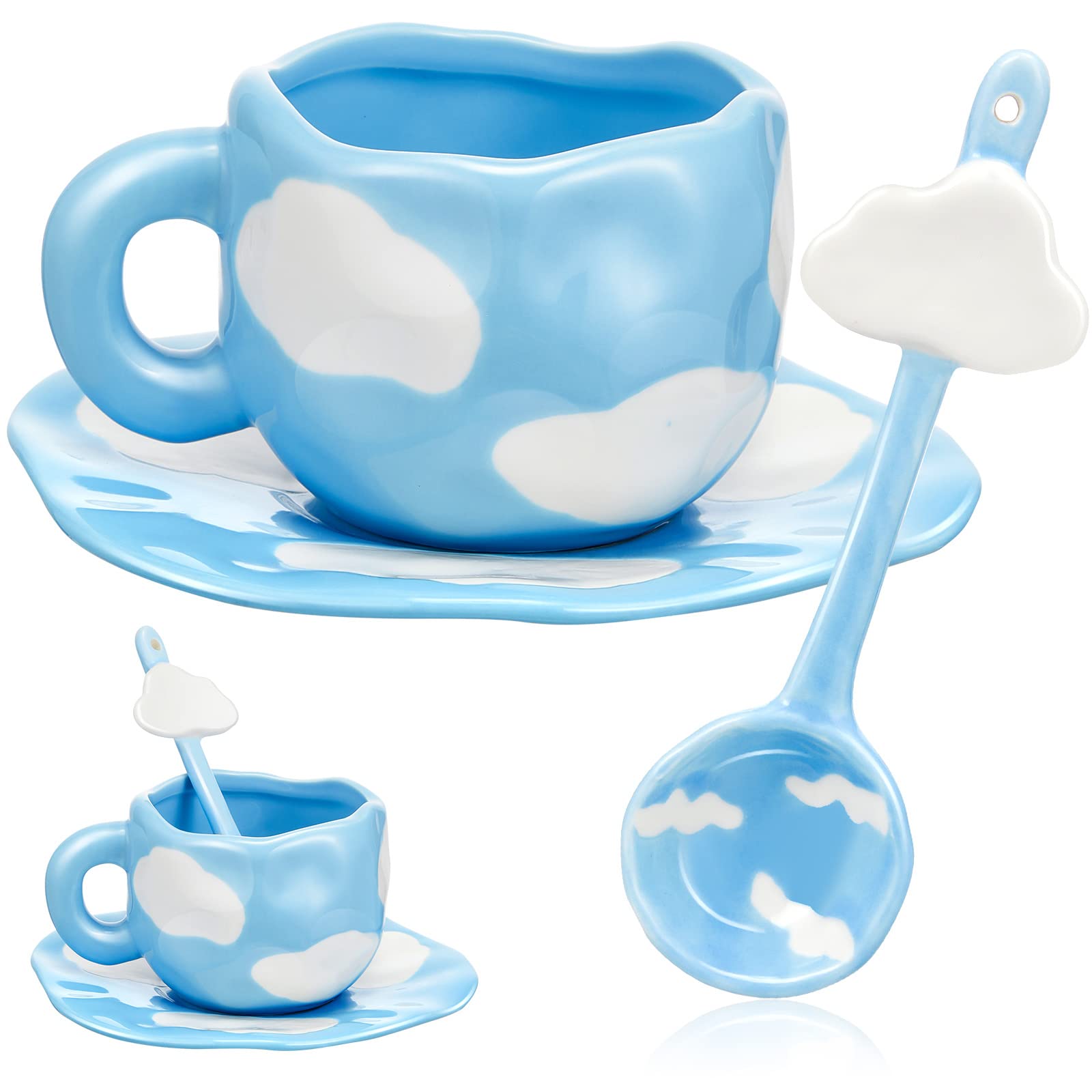 Ceramic Cloud Mug with Saucer Spoon Cute Irregular Coffee Mugs Sets 9 Oz/ 250 ml Aesthetic Cloud Coffee Mugs for Tea Coffee Milk Office Home Gifts, Dishwasher and Microwave Safe