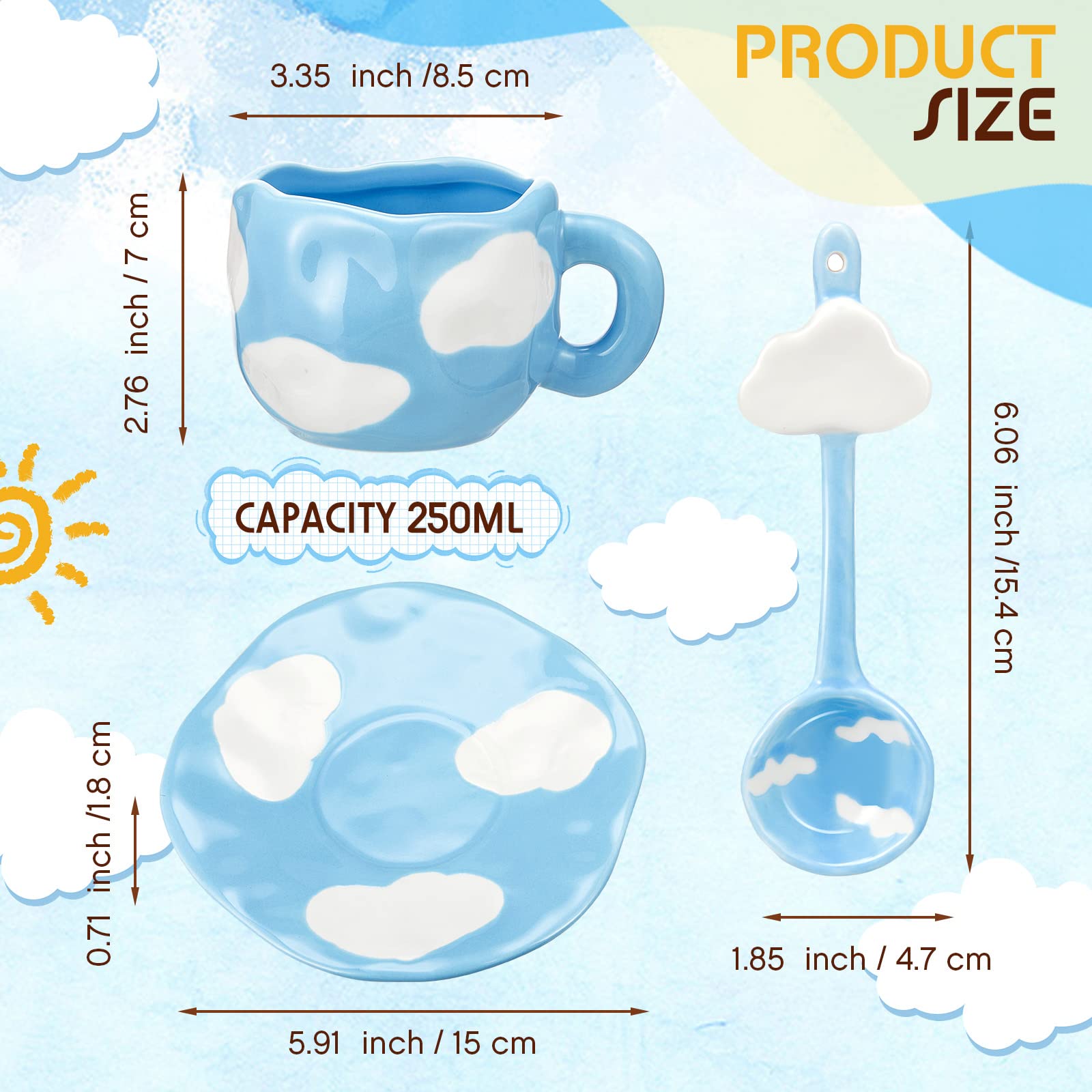 Ceramic Cloud Mug with Saucer Spoon Cute Irregular Coffee Mugs Sets 9 Oz/ 250 ml Aesthetic Cloud Coffee Mugs for Tea Coffee Milk Office Home Gifts, Dishwasher and Microwave Safe