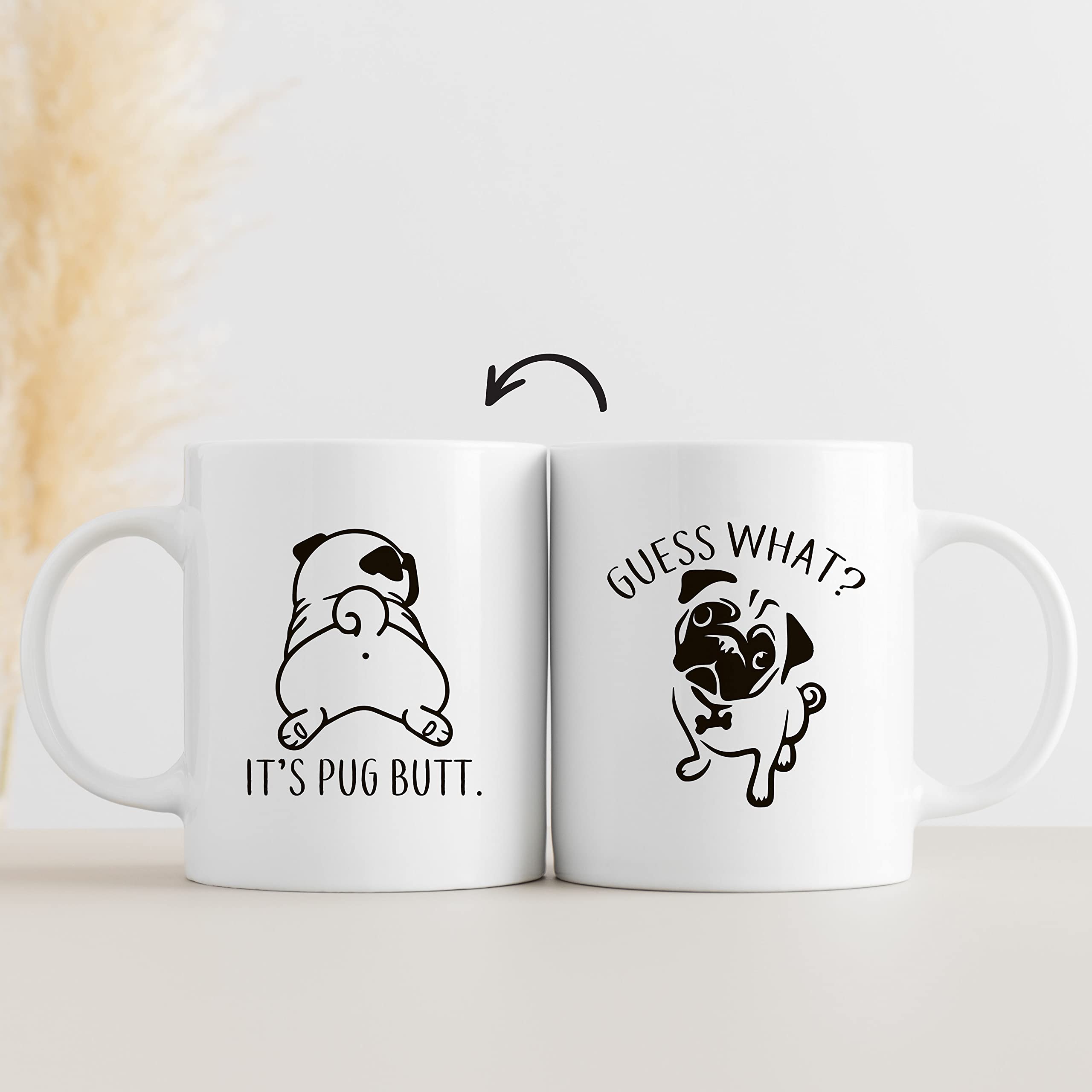 QUICQOD Funny Best Gifts for Kids Girls Women Pug Mom Pug Lovers - Guess What Pug Butt 11 Oz White Coffee Mug - Christmas Thanksgiving Birthday Anniversary Presents