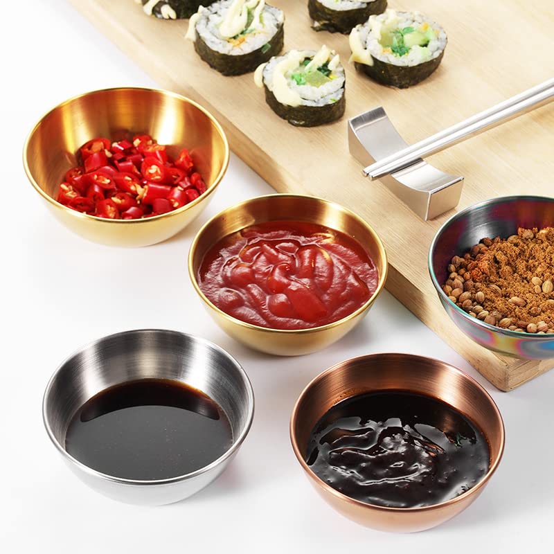 Hayuhone 12 Pack Stainless Steel Sauce Dishes, Gold Mini Saucers Bowl Round Seasoning Dishes Sushi Dipping Bowl Appetizer Plates, 3.15inch