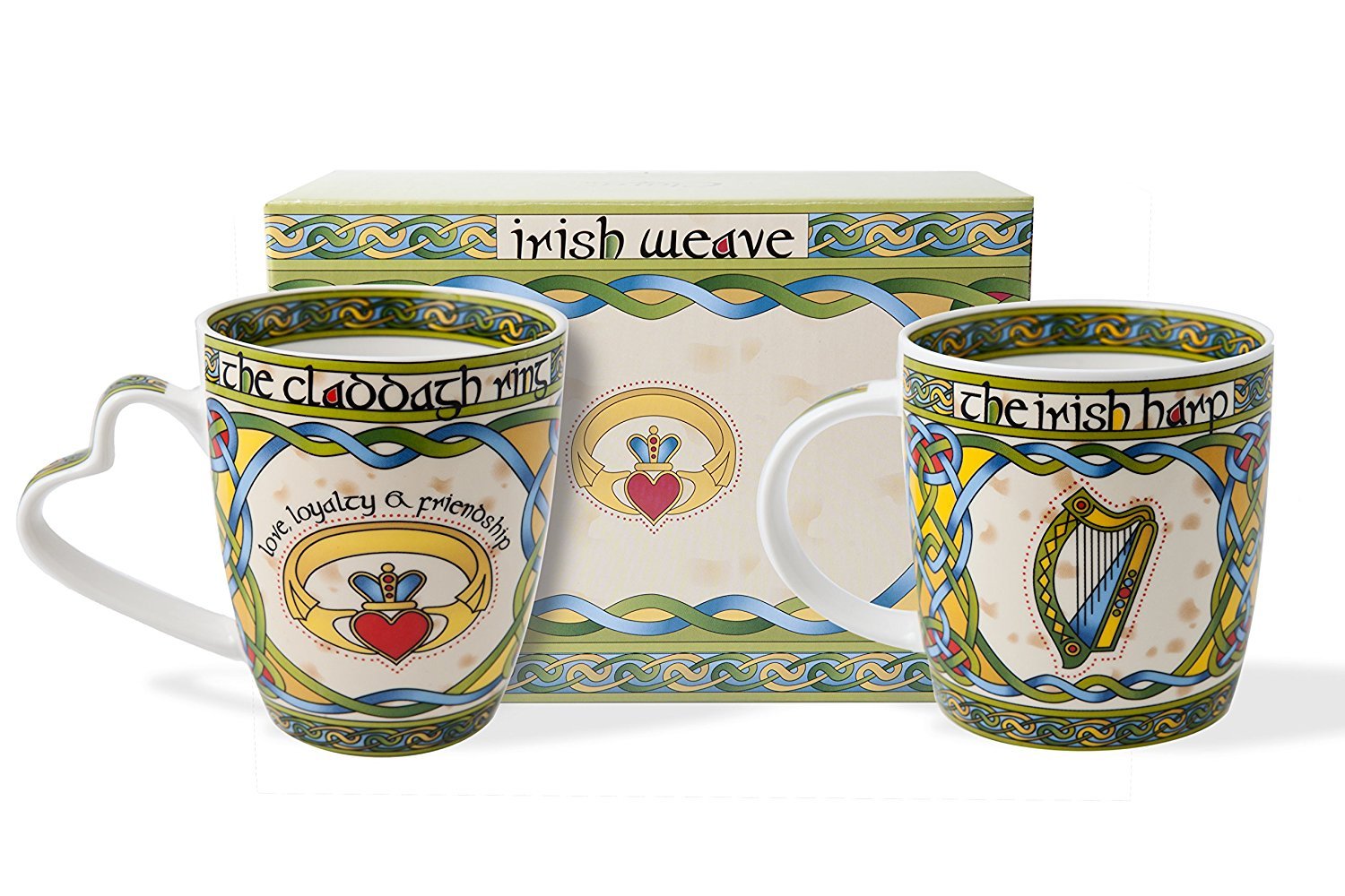 Royal Tara Irish Bone China Cup Set(Irish Claddagh and Harp) in a matching Gift Box from the Irish Weave Collection