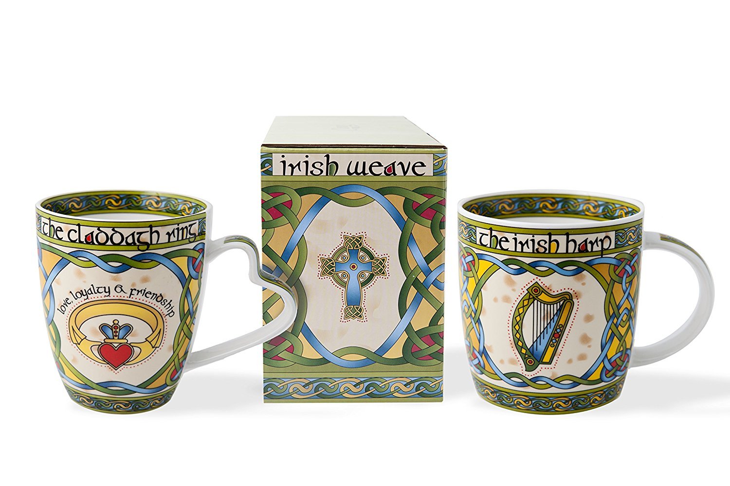 Royal Tara Irish Bone China Cup Set(Irish Claddagh and Harp) in a matching Gift Box from the Irish Weave Collection