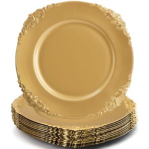 okllen 12 pack gold charger plates, 13" round charger plates with embossed rim, decorative dinner charger serving plates for catering, wedding, tabletop decor