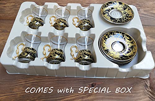 Vissmarta Gold Vintage Turkish Tea Glasses Cups and Saucers Set of 6 Drinking Glassware Party Adults Fancy Serving Coffee Tray Drinks Kettle Women Christmas Gift Teacup Handle Moroccan Drinkware Rim