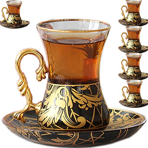 Vissmarta Gold Vintage Turkish Tea Glasses Cups and Saucers Set of 6 Drinking Glassware Party Adults Fancy Serving Coffee Tray Drinks Kettle Women Christmas Gift Teacup Handle Moroccan Drinkware Rim