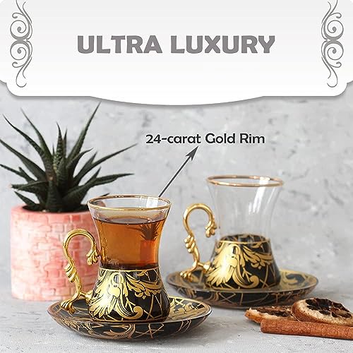 Vissmarta Gold Vintage Turkish Tea Glasses Cups and Saucers Set of 6 Drinking Glassware Party Adults Fancy Serving Coffee Tray Drinks Kettle Women Christmas Gift Teacup Handle Moroccan Drinkware Rim