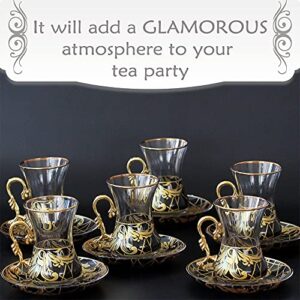 Vissmarta Gold Vintage Turkish Tea Glasses Cups and Saucers Set of 6 Drinking Glassware Party Adults Fancy Serving Coffee Tray Drinks Kettle Women Christmas Gift Teacup Handle Moroccan Drinkware Rim