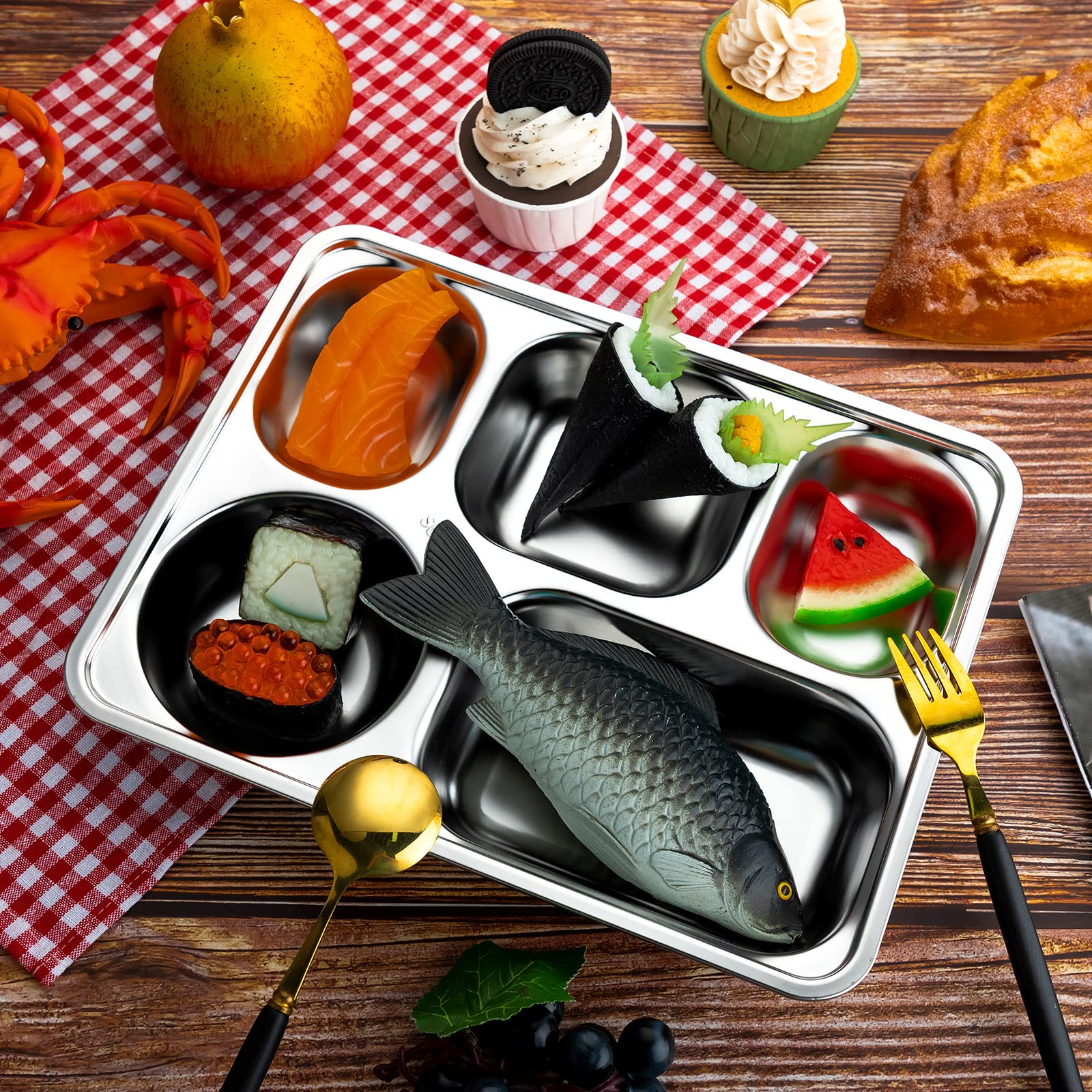 Foaincore 8 Pieces Stainless Steel Divided Dinner Tray Rectangular 5 Sections Dinner Plates Metal Portion Control Plate Divided Plates Campers Compartment Plates Serving Plate Dividers