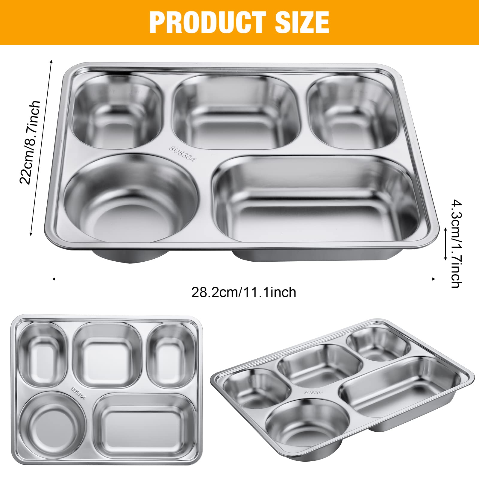 Foaincore 8 Pieces Stainless Steel Divided Dinner Tray Rectangular 5 Sections Dinner Plates Metal Portion Control Plate Divided Plates Campers Compartment Plates Serving Plate Dividers