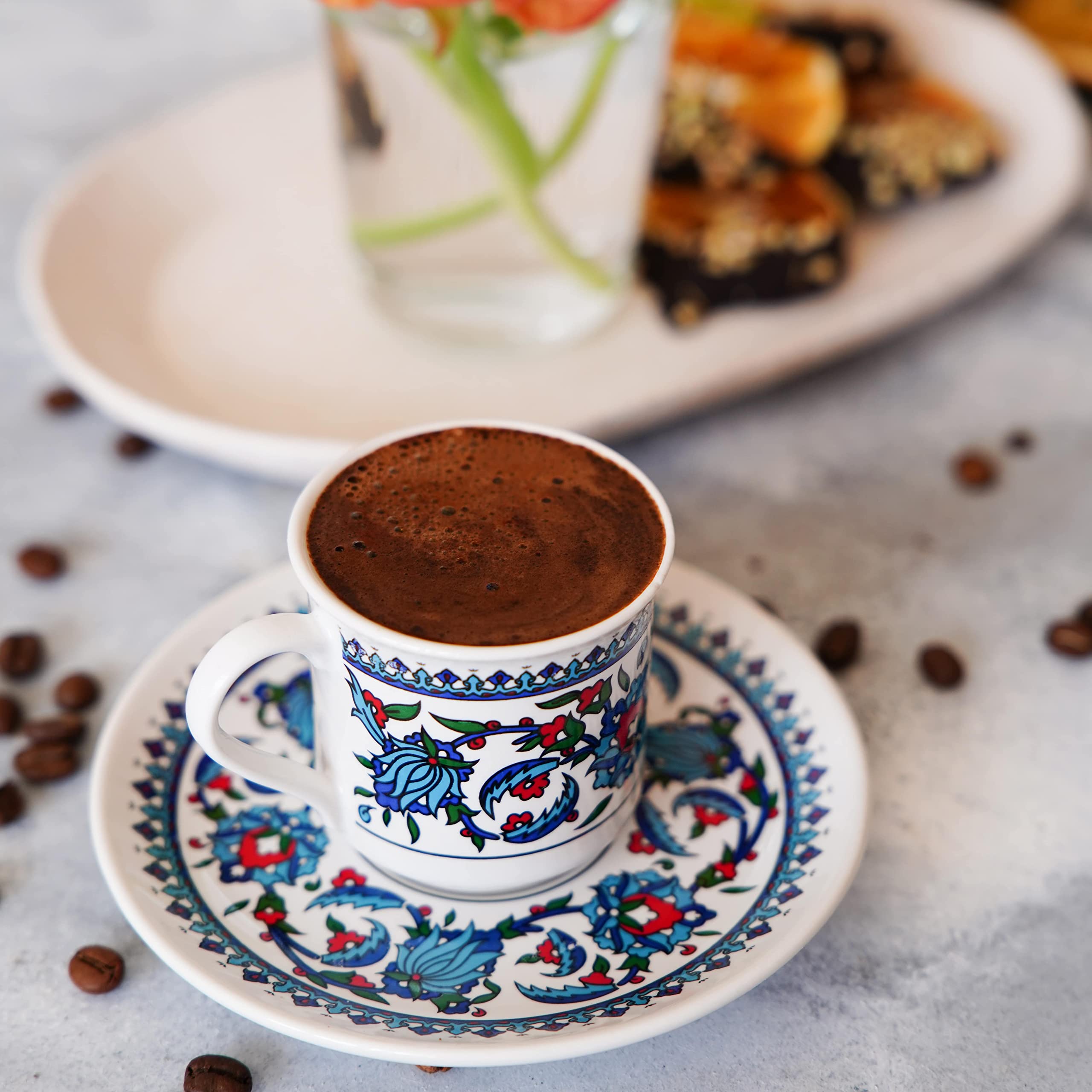 Turkish Coffee Cup Set - Turkish Coffee Cups Set of 6 with Saucers and Cup Holder for Home Office, Ceramic Keeps Coffee Warm, Dishwasher-safe, Create happy times with the patterned coffee mug set.