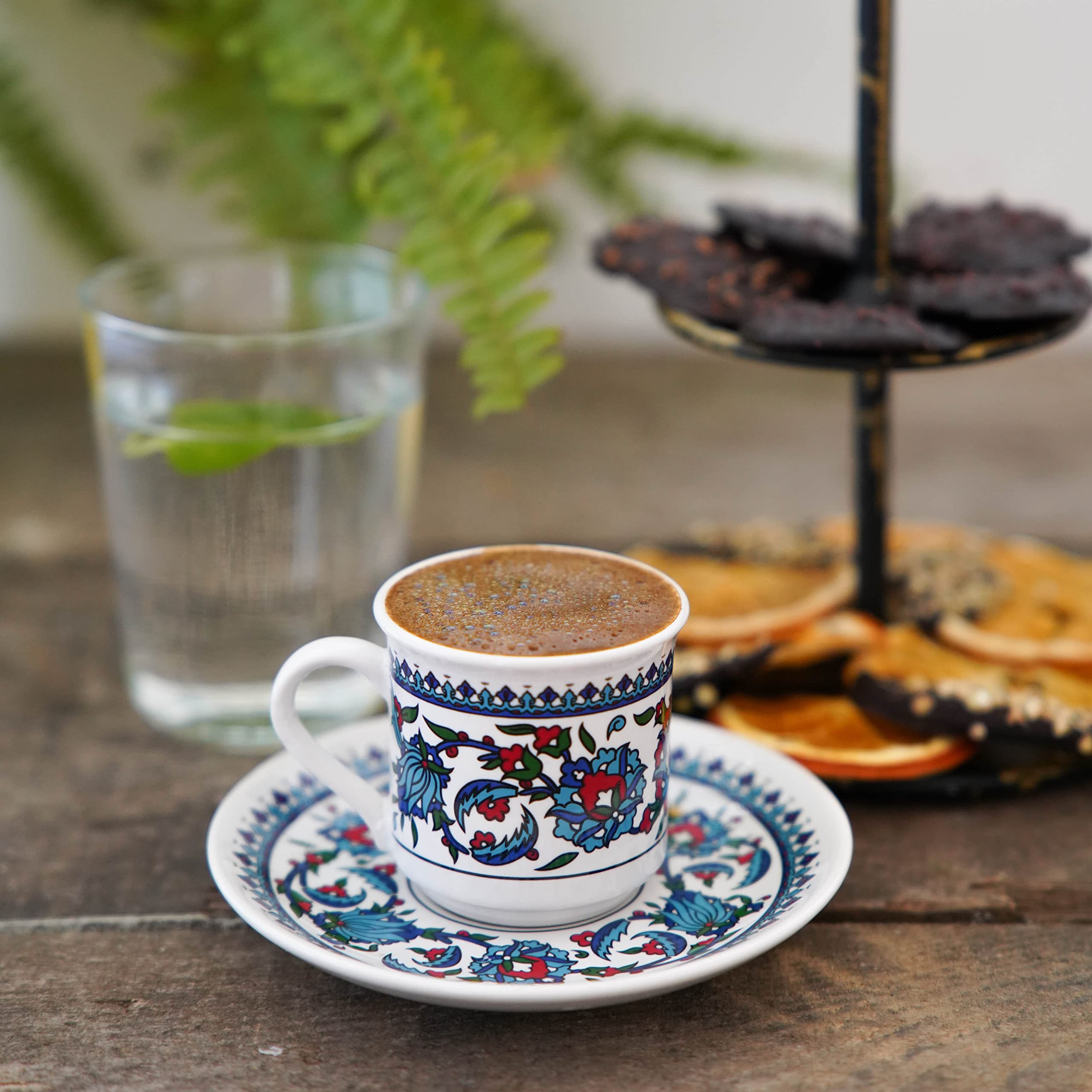 Turkish Coffee Cup Set - Turkish Coffee Cups Set of 6 with Saucers and Cup Holder for Home Office, Ceramic Keeps Coffee Warm, Dishwasher-safe, Create happy times with the patterned coffee mug set.