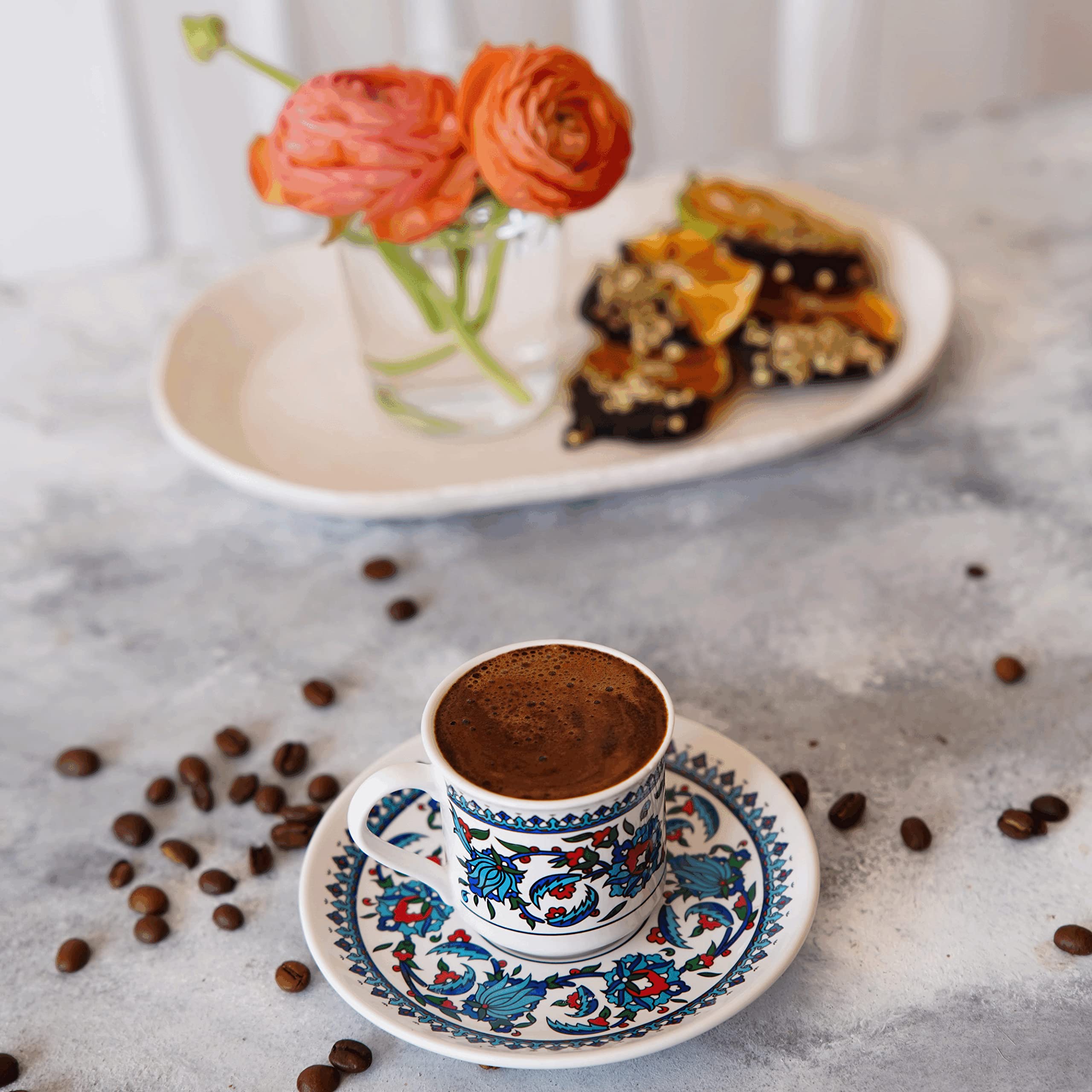 Turkish Coffee Cup Set - Turkish Coffee Cups Set of 6 with Saucers and Cup Holder for Home Office, Ceramic Keeps Coffee Warm, Dishwasher-safe, Create happy times with the patterned coffee mug set.