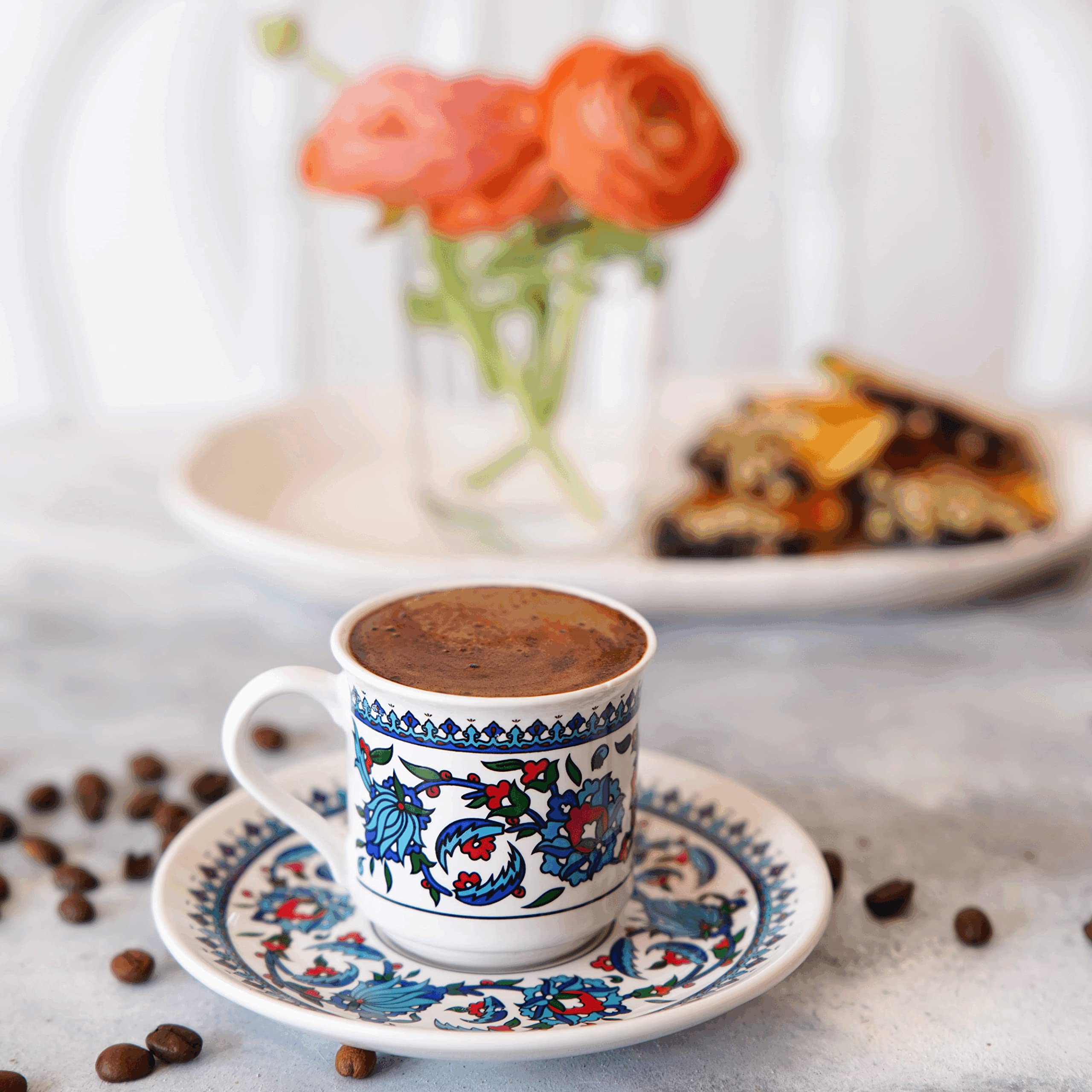 Turkish Coffee Cup Set - Turkish Coffee Cups Set of 6 with Saucers and Cup Holder for Home Office, Ceramic Keeps Coffee Warm, Dishwasher-safe, Create happy times with the patterned coffee mug set.