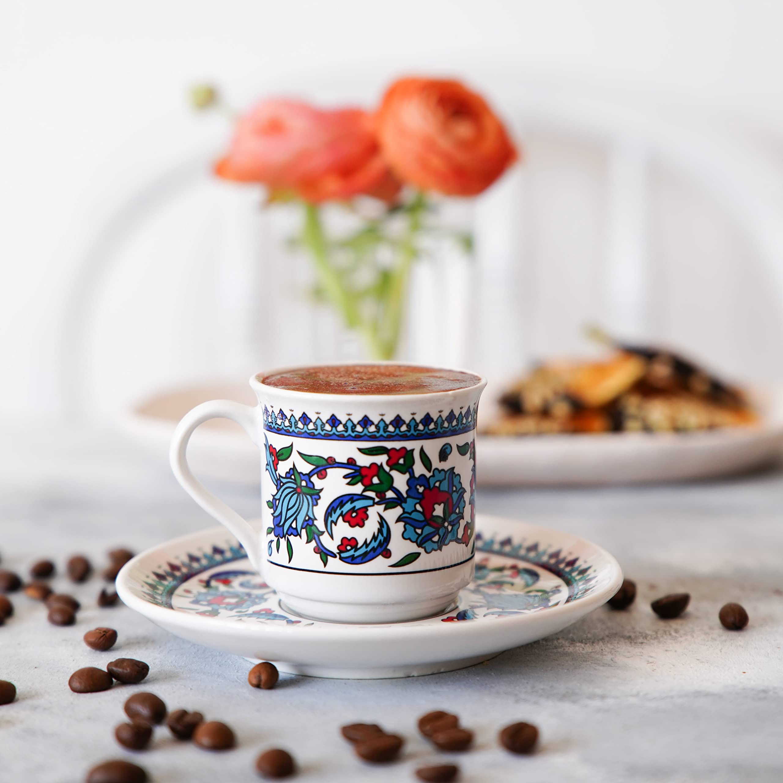 Turkish Coffee Cup Set - Turkish Coffee Cups Set of 6 with Saucers and Cup Holder for Home Office, Ceramic Keeps Coffee Warm, Dishwasher-safe, Create happy times with the patterned coffee mug set.