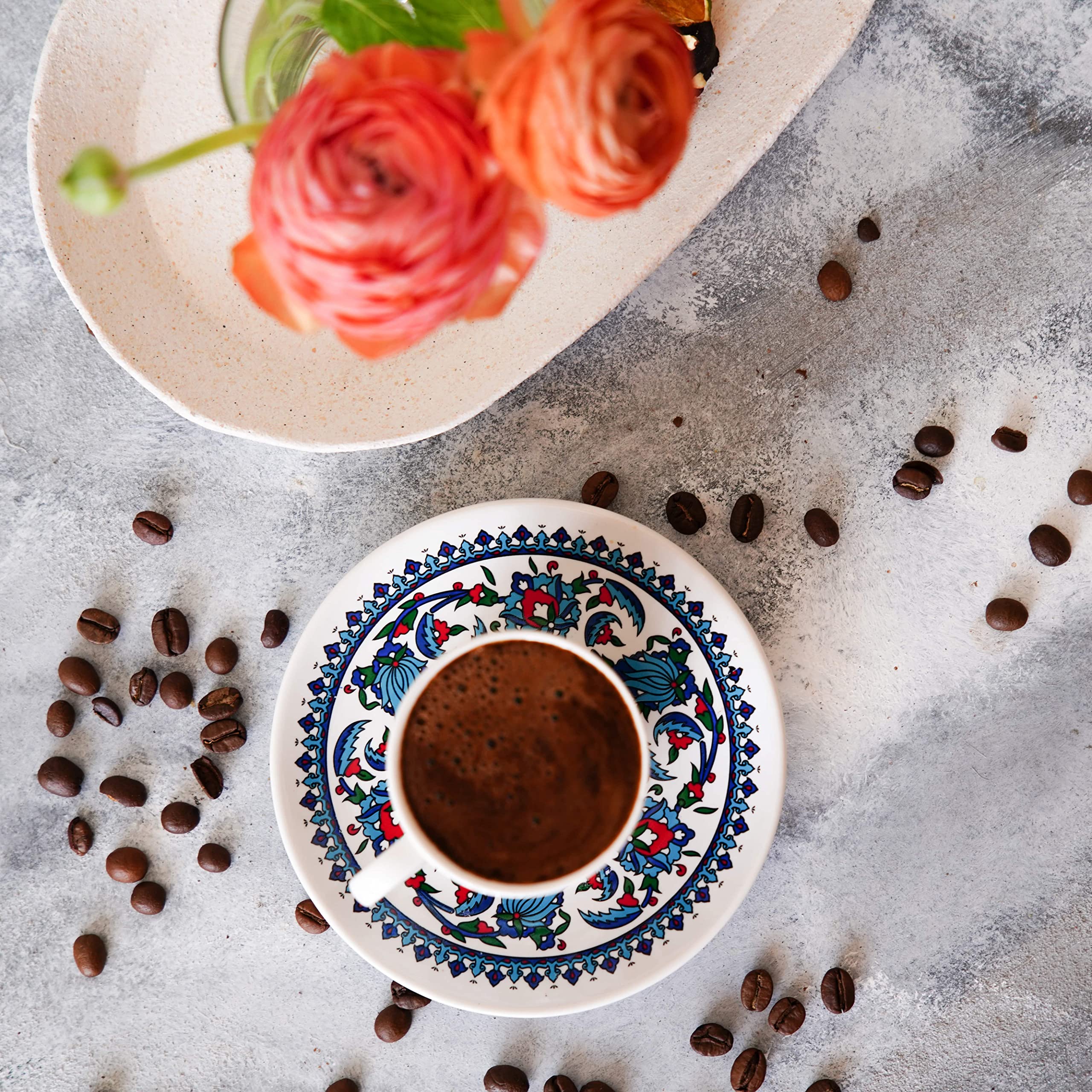 Turkish Coffee Cup Set - Turkish Coffee Cups Set of 6 with Saucers and Cup Holder for Home Office, Ceramic Keeps Coffee Warm, Dishwasher-safe, Create happy times with the patterned coffee mug set.