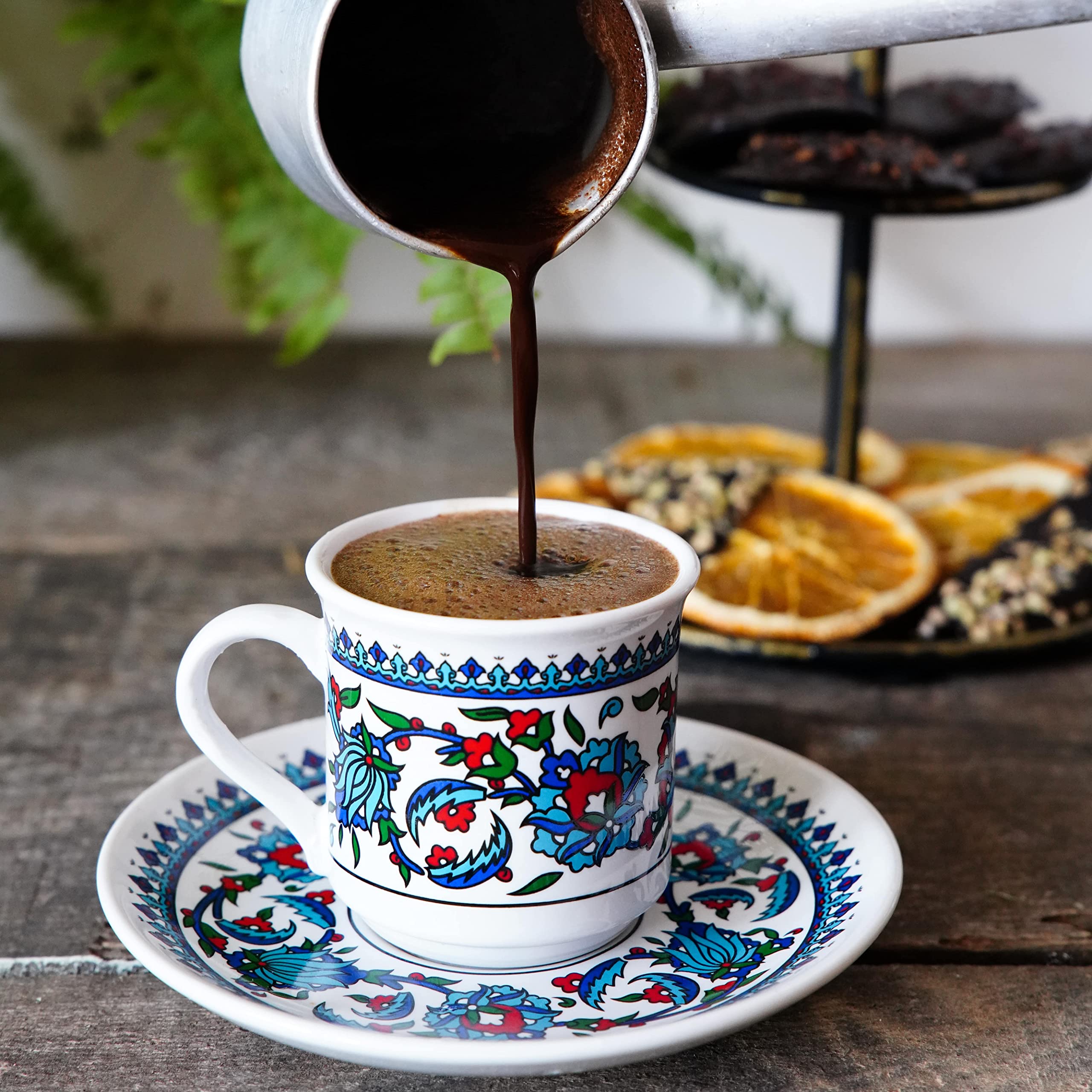 Turkish Coffee Cup Set - Turkish Coffee Cups Set of 6 with Saucers and Cup Holder for Home Office, Ceramic Keeps Coffee Warm, Dishwasher-safe, Create happy times with the patterned coffee mug set.