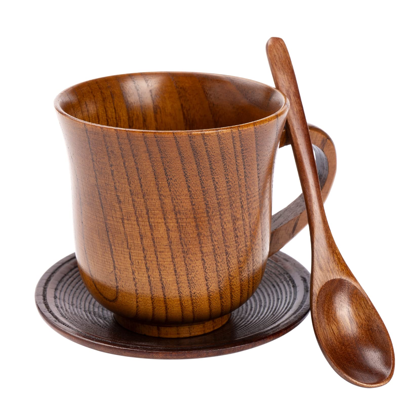 ORYOUGO Handmade Wooden Coffee Mug Cup Spoon Coaster Set,Eco Friendly Serving Tableware Flatware Set for Office Desk Drink Coffee or Tea