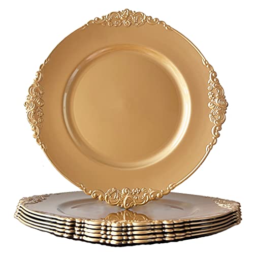 Umisriro Antique Gold Charger Plates, 13 Inch Embossed Chargers for Dinner Plates. Set of 6 Plastic Charger for Wedding, Party, Elegant Tableware Chargers Decoration.