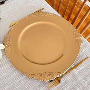 Umisriro Antique Gold Charger Plates, 13 Inch Embossed Chargers for Dinner Plates. Set of 6 Plastic Charger for Wedding, Party, Elegant Tableware Chargers Decoration.