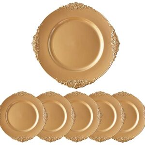 Umisriro Antique Gold Charger Plates, 13 Inch Embossed Chargers for Dinner Plates. Set of 6 Plastic Charger for Wedding, Party, Elegant Tableware Chargers Decoration.