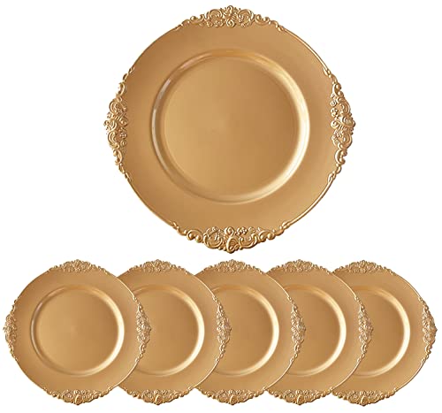 Umisriro Antique Gold Charger Plates, 13 Inch Embossed Chargers for Dinner Plates. Set of 6 Plastic Charger for Wedding, Party, Elegant Tableware Chargers Decoration.