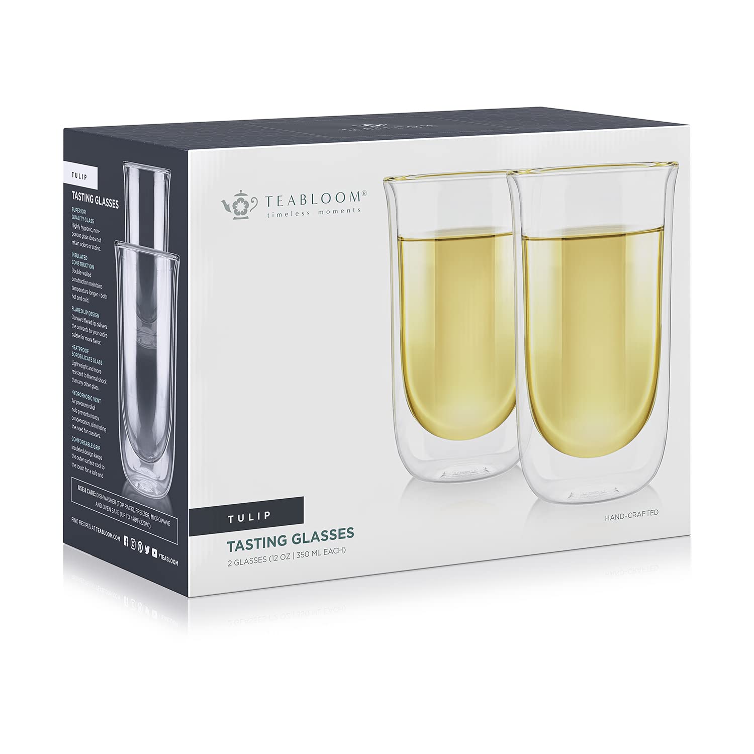 Teabloom Tulip Insulated Glasses for Tea, Coffee and other Beverages - Double Walled Borosilicate Glass Keeps Drinks Hot/Cold, 12 oz (Set of Two)