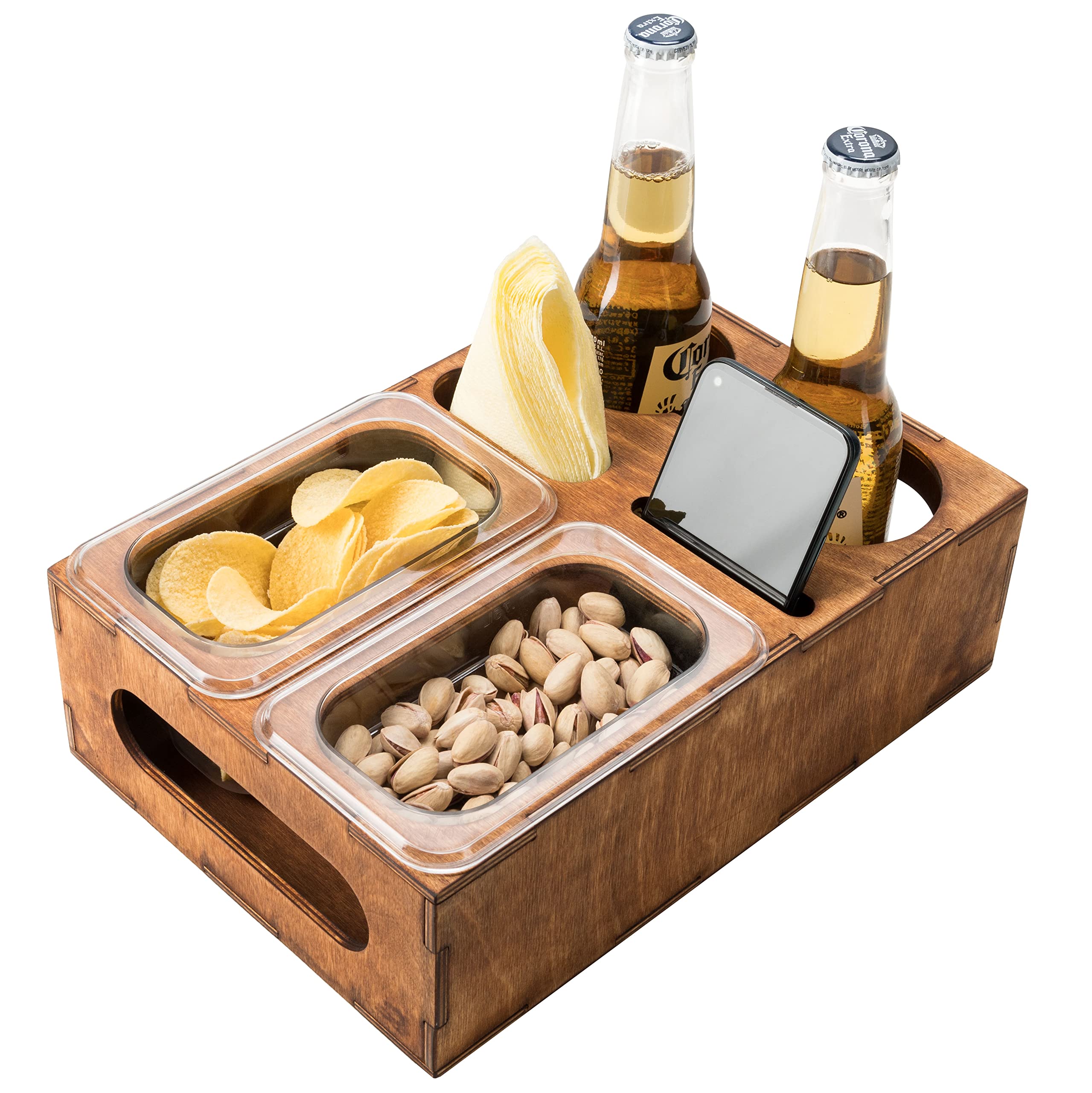 ROSTMARYGIFT Wood Beer Box - Gift for Beer Lovers, Dad, Man, Him, Father - Table Stand Caddy with slots for glasses, chips, nuts- Couch Organizer for Beverages, Remote Control