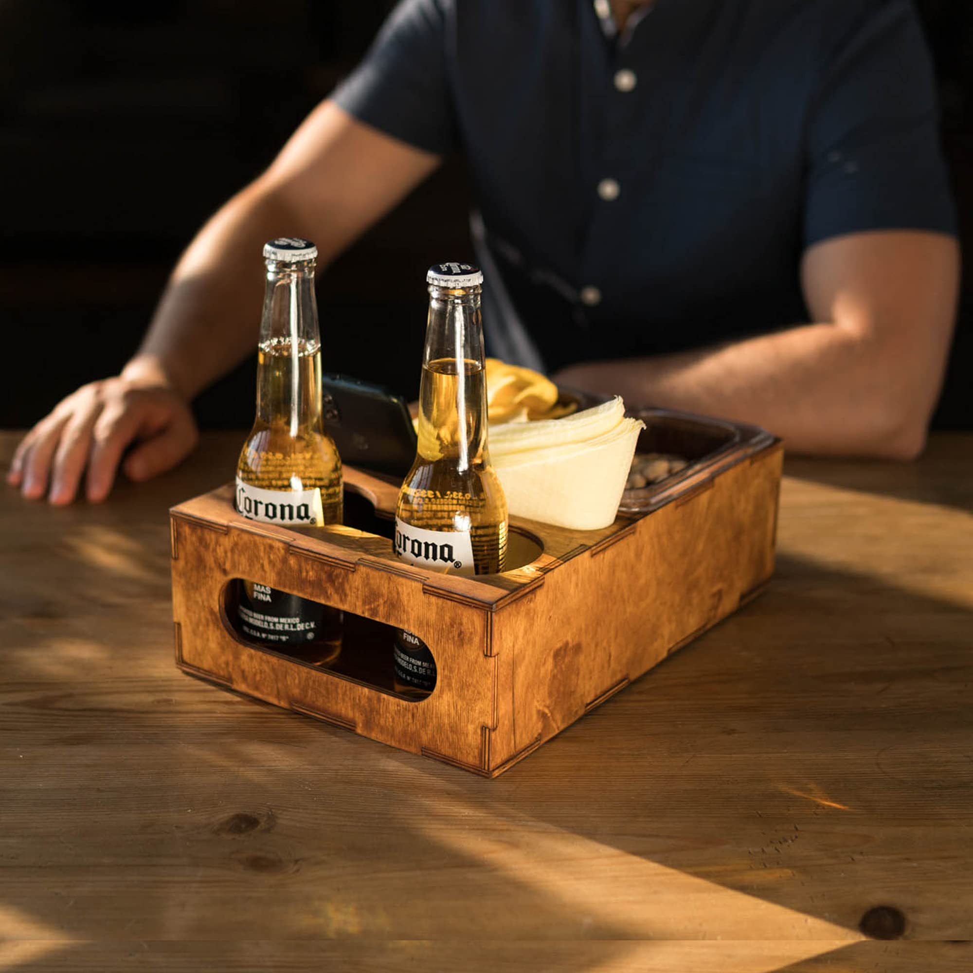 ROSTMARYGIFT Wood Beer Box - Gift for Beer Lovers, Dad, Man, Him, Father - Table Stand Caddy with slots for glasses, chips, nuts- Couch Organizer for Beverages, Remote Control