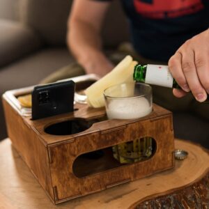 ROSTMARYGIFT Wood Beer Box - Gift for Beer Lovers, Dad, Man, Him, Father - Table Stand Caddy with slots for glasses, chips, nuts- Couch Organizer for Beverages, Remote Control