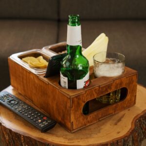 ROSTMARYGIFT Wood Beer Box - Gift for Beer Lovers, Dad, Man, Him, Father - Table Stand Caddy with slots for glasses, chips, nuts- Couch Organizer for Beverages, Remote Control