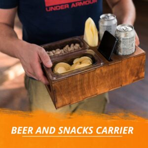 ROSTMARYGIFT Wood Beer Box - Gift for Beer Lovers, Dad, Man, Him, Father - Table Stand Caddy with slots for glasses, chips, nuts- Couch Organizer for Beverages, Remote Control