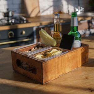 ROSTMARYGIFT Wood Beer Box - Gift for Beer Lovers, Dad, Man, Him, Father - Table Stand Caddy with slots for glasses, chips, nuts- Couch Organizer for Beverages, Remote Control