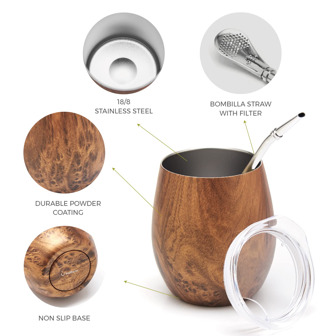 BALIBETOV Modern Mate Cup And Bombilla Set (Yerba Mate Cup) -Yerba Mate Set includes Double Walled 18/8 Stainless Steel Mate Tea Cup, Two Bombilla Mate (Straw) and a Cleaning Brush (Wood)