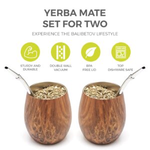 BALIBETOV Modern Mate Cup And Bombilla Set (Yerba Mate Cup) -Yerba Mate Set includes Double Walled 18/8 Stainless Steel Mate Tea Cup, Two Bombilla Mate (Straw) and a Cleaning Brush (Wood)