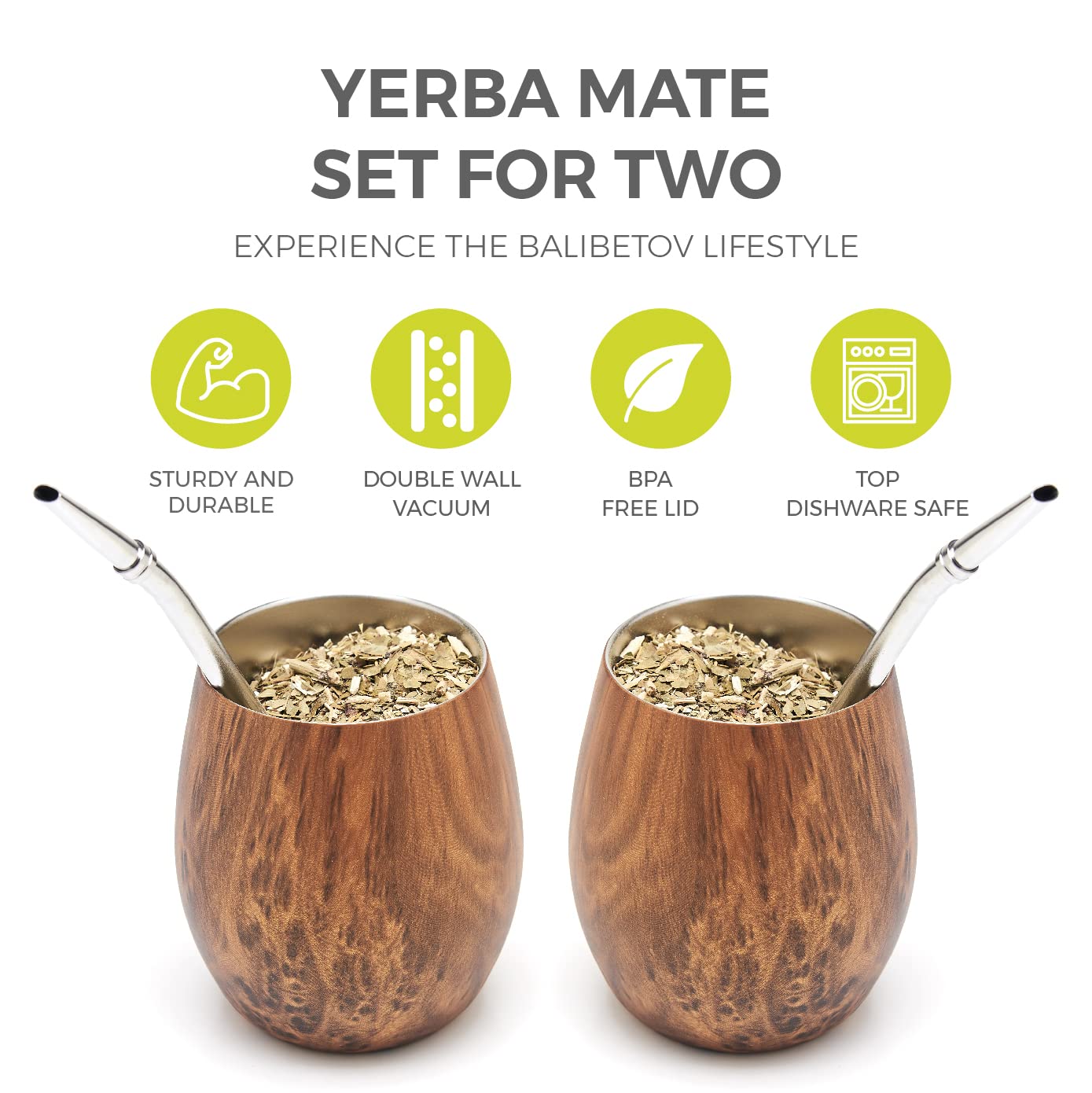 BALIBETOV Modern Mate Cup And Bombilla Set (Yerba Mate Cup) -Yerba Mate Set includes Double Walled 18/8 Stainless Steel Mate Tea Cup, Two Bombilla Mate (Straw) and a Cleaning Brush (Wood)