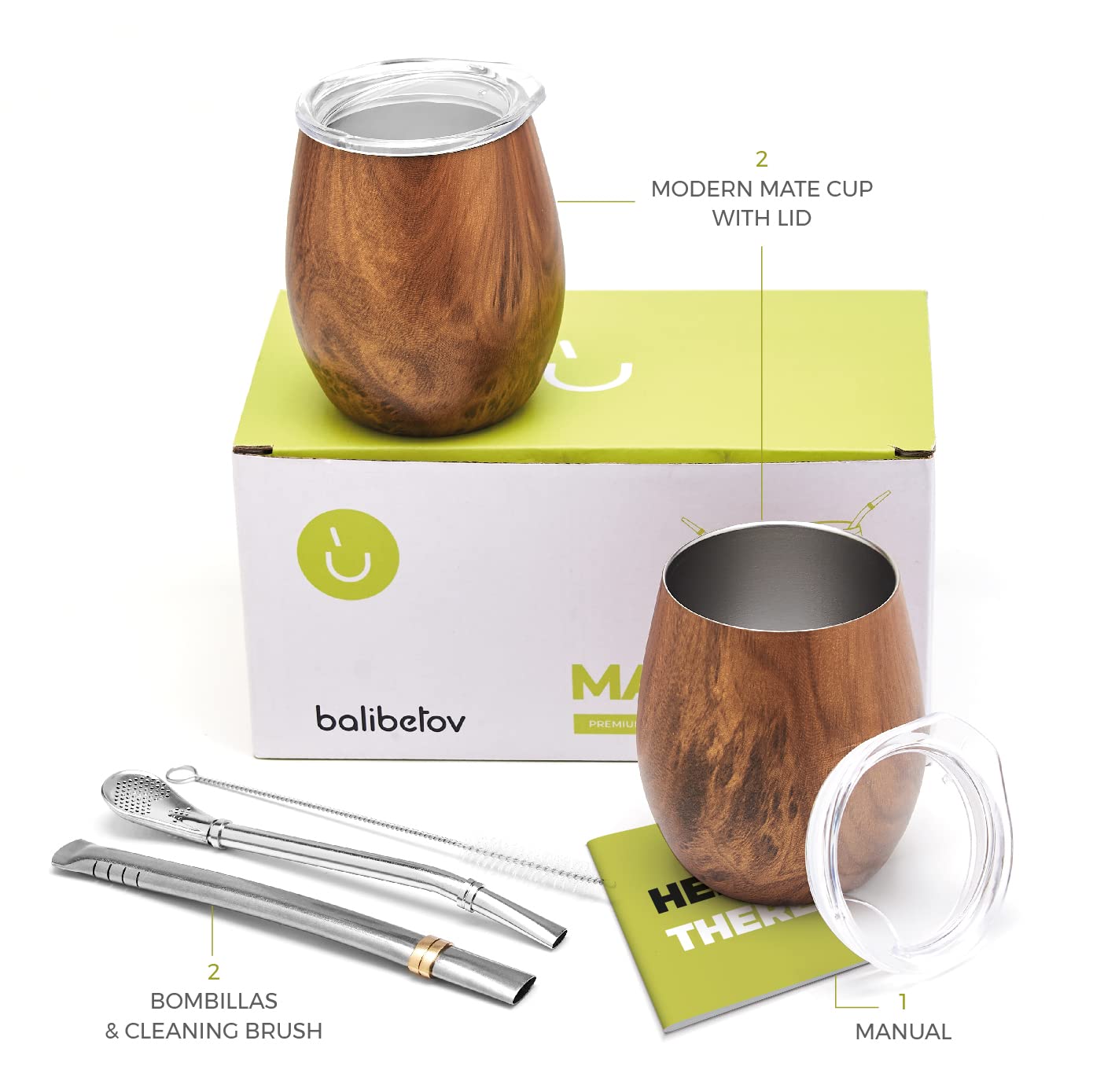 BALIBETOV Modern Mate Cup And Bombilla Set (Yerba Mate Cup) -Yerba Mate Set includes Double Walled 18/8 Stainless Steel Mate Tea Cup, Two Bombilla Mate (Straw) and a Cleaning Brush (Wood)