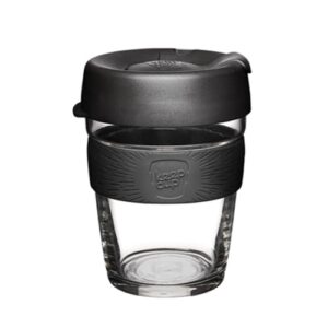 keepcup 12oz reusable coffee cup. toughened glass cup & non-slip silicone band. 12-ounce/medium, black