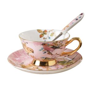 pfedxoon pink bird tea cup with saucer spoon 3 piece set（7oz） cappuccino cups, coffee cups, tea cup set, british coffee cups, porcelain tea set, latte cups, mother's day gift