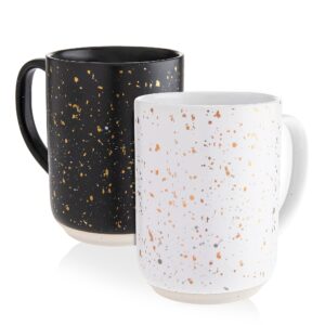 belle maison set of 2 stoneware coffee mugs- stylish printed coffee cups, mugs for tea, latte, and hot chocolate, 16 oz (black & white with gold flakes)