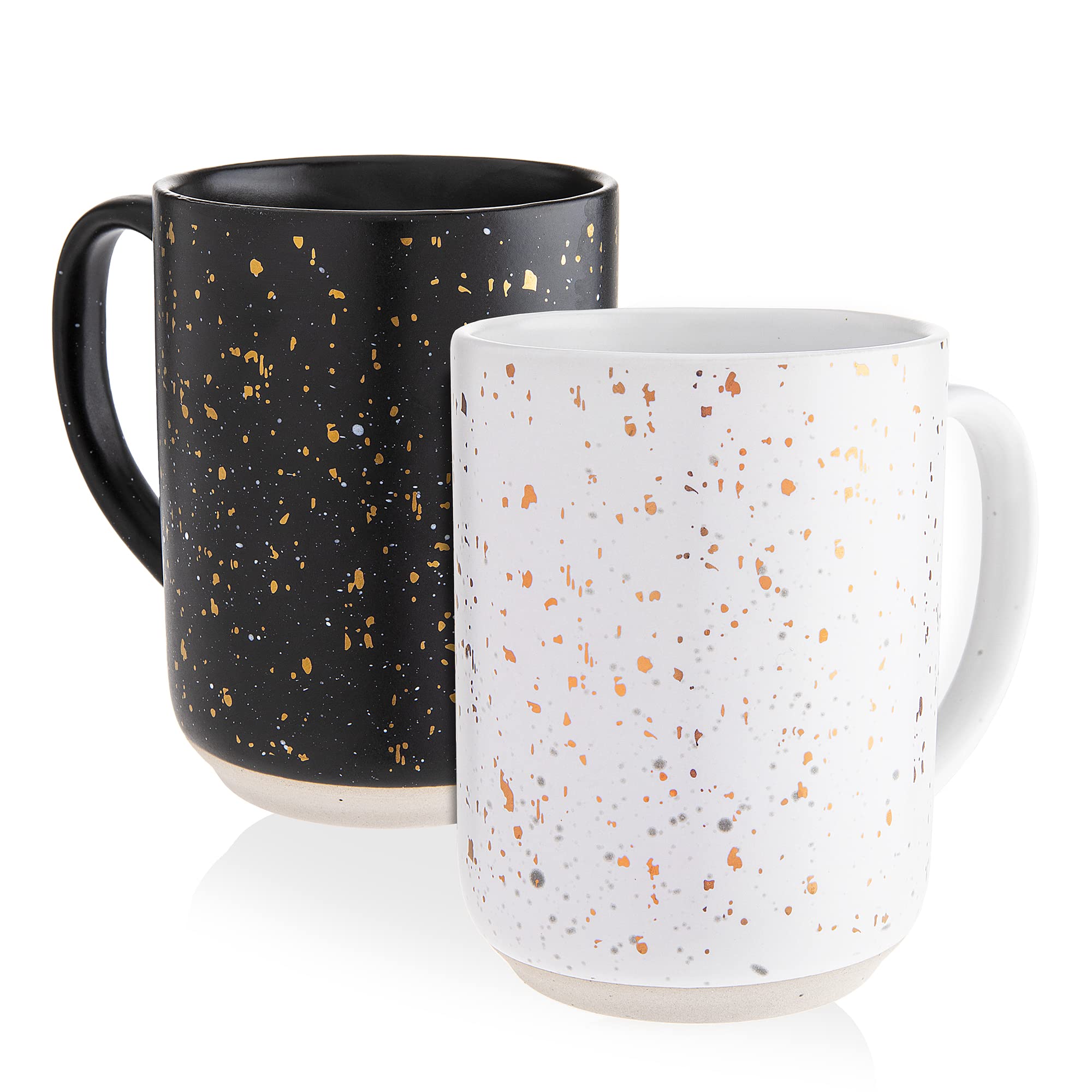 Belle Maison Set of 2 Stoneware Coffee Mugs- Stylish Printed Coffee Cups, Mugs for Tea, Latte, and Hot Chocolate, 16 oz (Black & White with Gold Flakes)