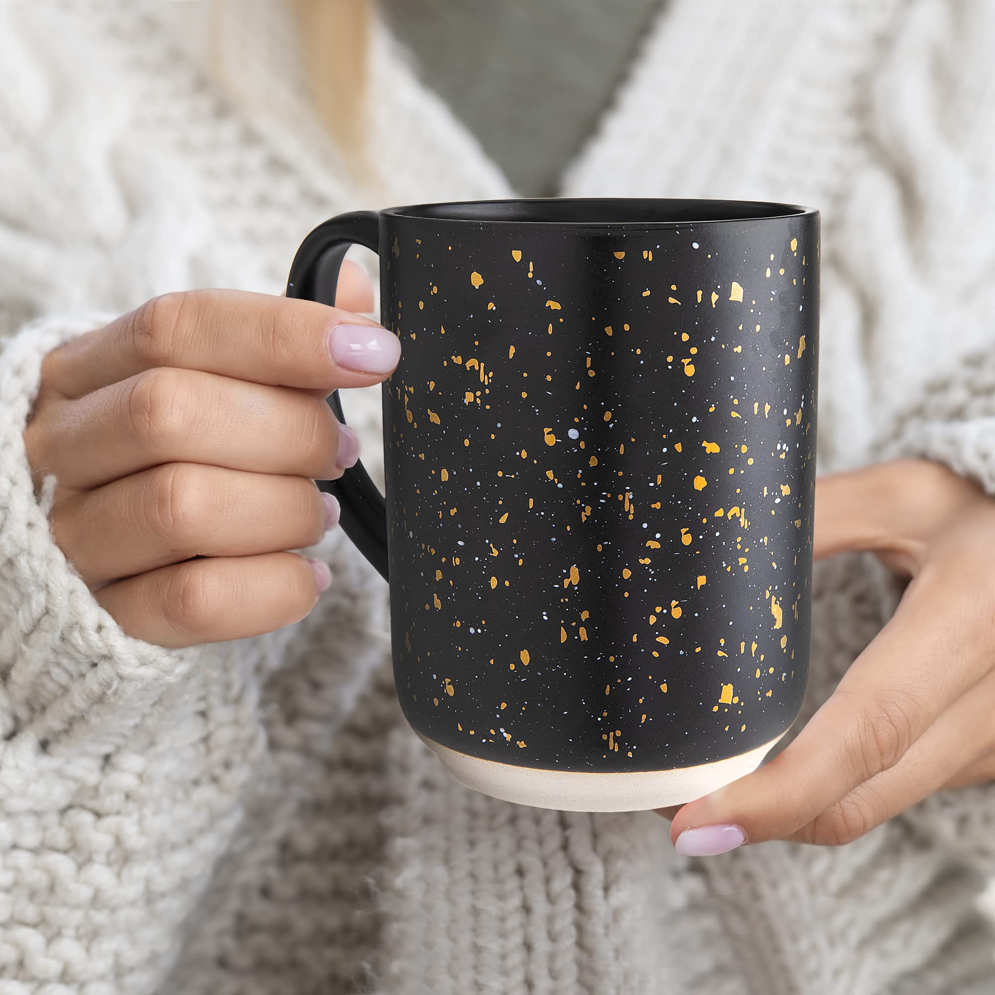 Belle Maison Set of 2 Stoneware Coffee Mugs- Stylish Printed Coffee Cups, Mugs for Tea, Latte, and Hot Chocolate, 16 oz (Black & White with Gold Flakes)