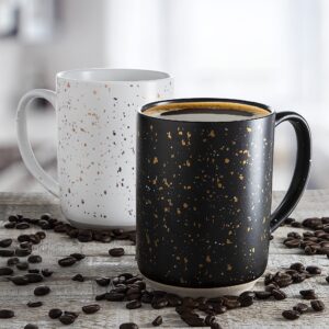 Belle Maison Set of 2 Stoneware Coffee Mugs- Stylish Printed Coffee Cups, Mugs for Tea, Latte, and Hot Chocolate, 16 oz (Black & White with Gold Flakes)