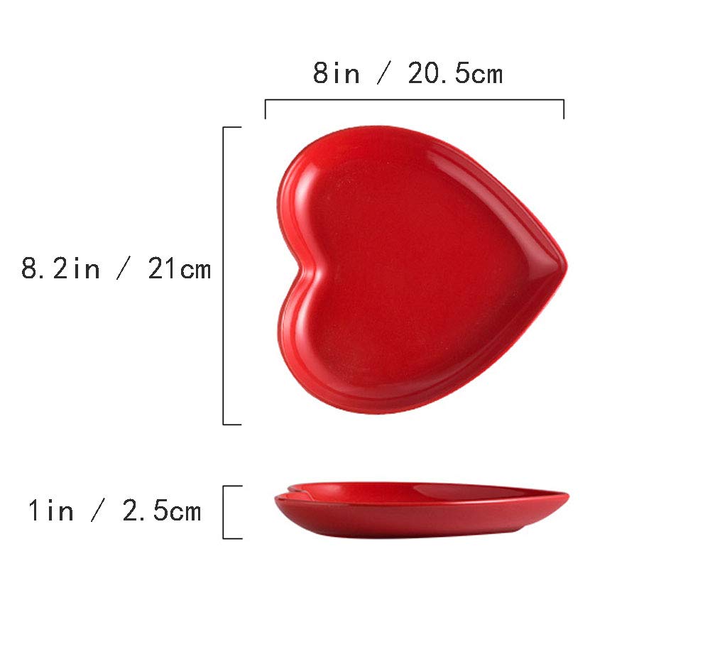 FUYU 2pcs Colorful Heart Shaped Ceramic Dinner Plate Salad Plate Dessert Plate Steak Plate