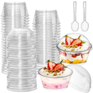 foraineam 100 pack 5 oz. thick plastic dessert cups with 100 lids and 100 spoons, mini clear ice cream bowl parfait party cups, reusable snack serving bowls for desserts, appetizers, puddings, fruits