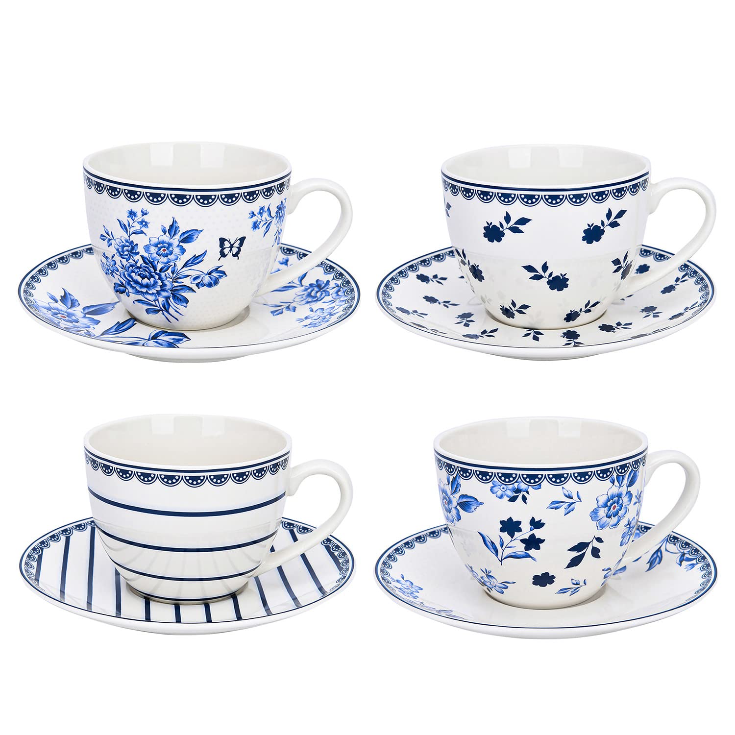 STP GOODS Bone China Kitchen Teacups 8.8 fl oz (260 ml) Floral Tea Cups Vintage Indigo Tea Cup and Saucer Set of 4 Pretty Tea Cup with Matching Saucer Christmas Mugs