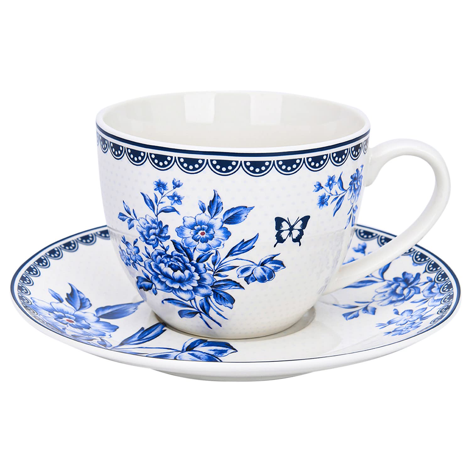 STP GOODS Bone China Kitchen Teacups 8.8 fl oz (260 ml) Floral Tea Cups Vintage Indigo Tea Cup and Saucer Set of 4 Pretty Tea Cup with Matching Saucer Christmas Mugs