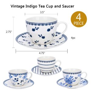 STP GOODS Bone China Kitchen Teacups 8.8 fl oz (260 ml) Floral Tea Cups Vintage Indigo Tea Cup and Saucer Set of 4 Pretty Tea Cup with Matching Saucer Christmas Mugs