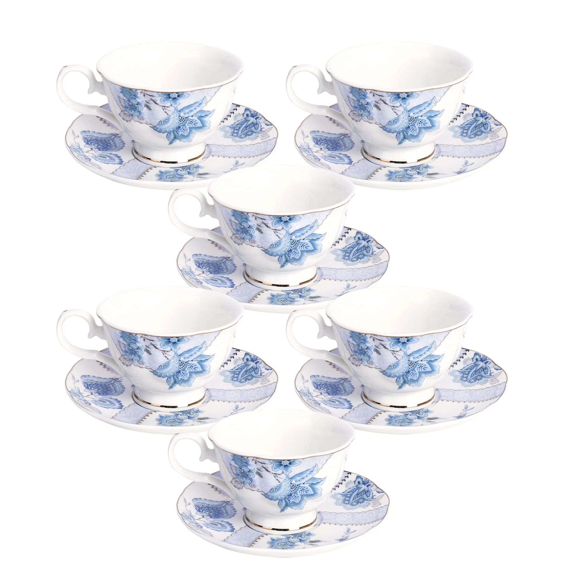 fanquare Floral Coffee Cups Set of 6(5 oz), Porcelain Cappuccino Cups with Saucers, Tea Cup for Birthday Wedding Party, Blue