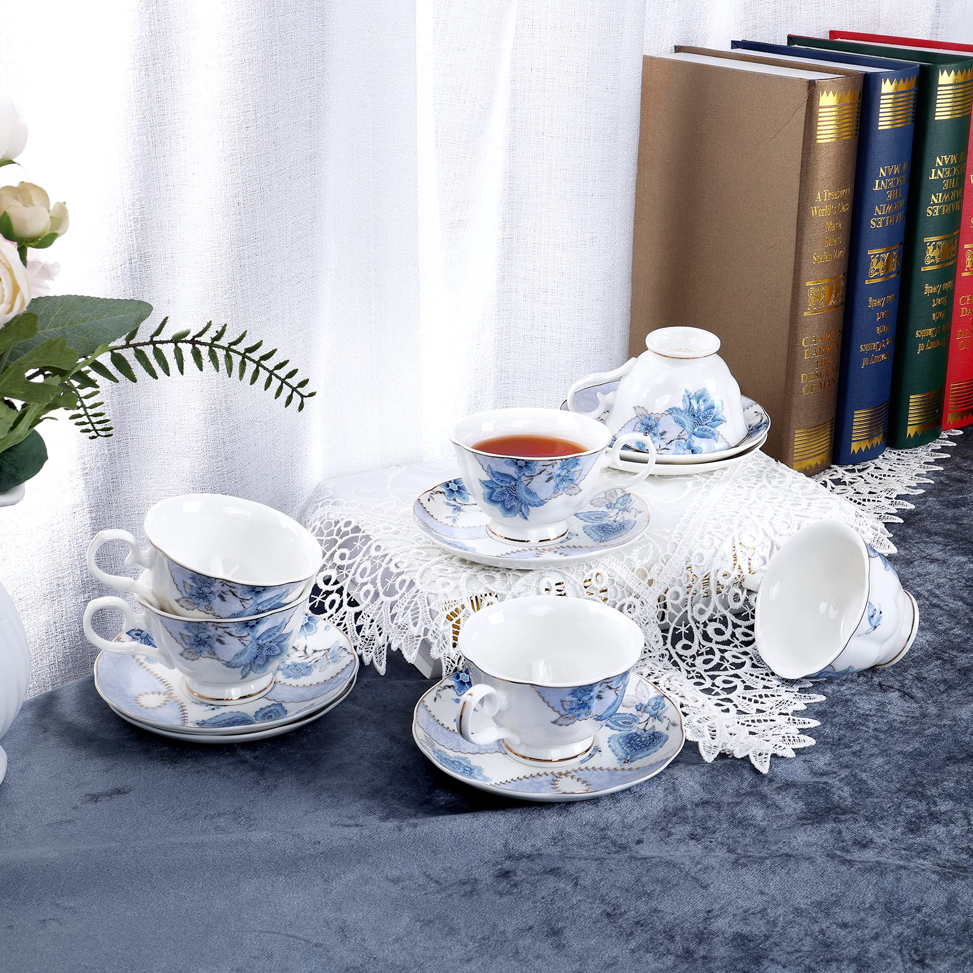 fanquare Floral Coffee Cups Set of 6(5 oz), Porcelain Cappuccino Cups with Saucers, Tea Cup for Birthday Wedding Party, Blue