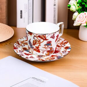 LanHong 8.5 Ounces Tea Cup and Saucer Set Floral Tea Coffee Cup with Saucer Bone China Teacup and Saucer Set Gift for Mom Friend Tea Party (Red)